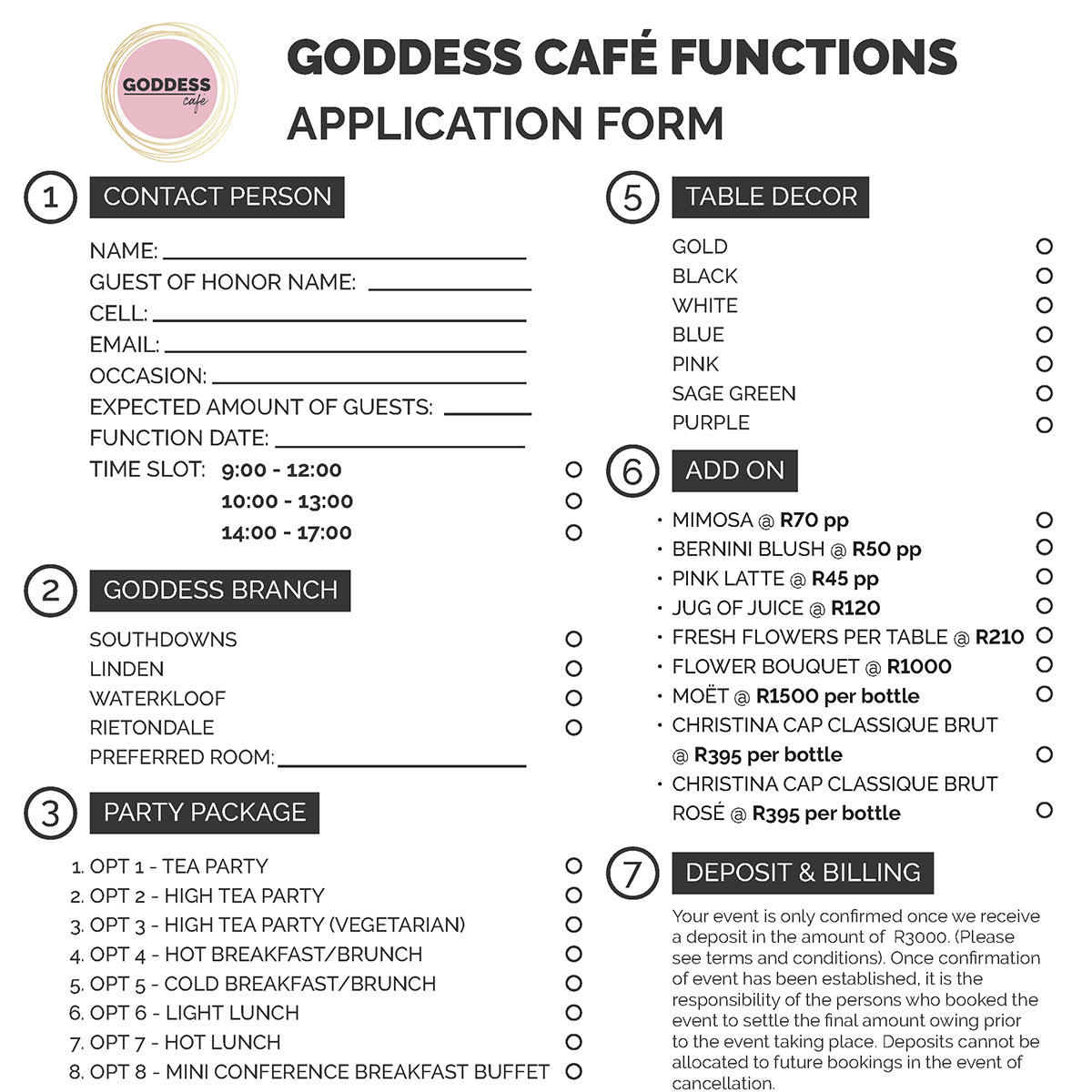 Download Menus & Event Packages | Goddess Cafe